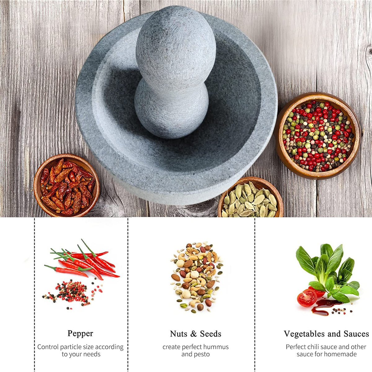 EZAHK Granite Stone Mortar and Pestle Set(6.2 inch), Okhli Masher, Kha ...